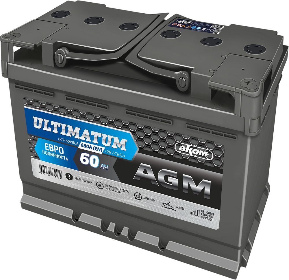 Купить аккумулятор Akom 6СТ-60VRLA AGM 12V 60Ah 680A в интернет ...
